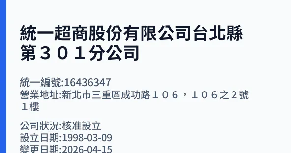 統一超商股份有限公司台北縣第３０１分公司的照片-統編 16436347(新北市) 公司登記資料與營業項目詳細圖表