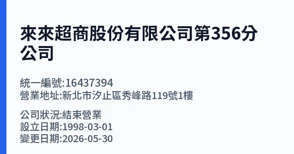 來來超商股份有限公司第356分公司的照片-統編 16437394(新北市) 公司登記資料與營業項目詳細圖表