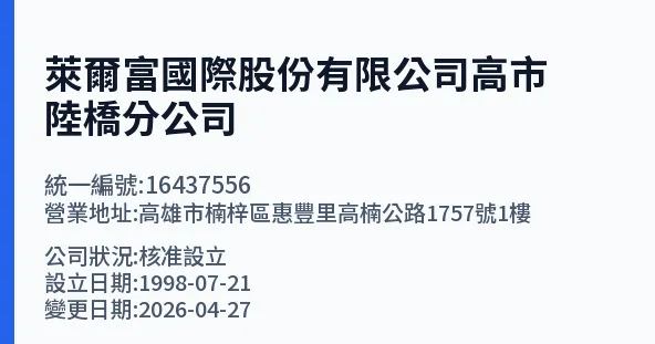萊爾富國際股份有限公司高市陸橋分公司的照片-統編 16437556(高雄市) 公司登記資料與營業項目詳細圖表