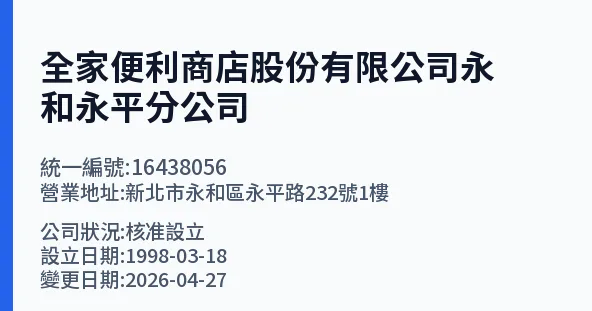 全家便利商店股份有限公司永和永平分公司的照片-統編 16438056(新北市) 公司登記資料與營業項目詳細圖表