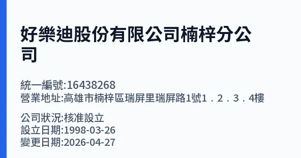 好樂迪股份有限公司楠梓分公司的照片-統編 16438268(高雄市) 公司登記資料與營業項目詳細圖表
