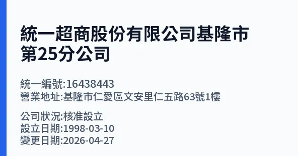 統一超商股份有限公司基隆市第25分公司的照片-統編 16438443(基隆市) 公司登記資料與營業項目詳細圖表