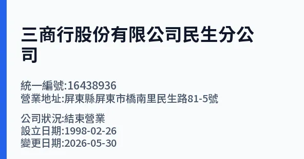三商行股份有限公司民生分公司的照片-統編 16438936(屏東縣) 公司登記資料與營業項目詳細圖表