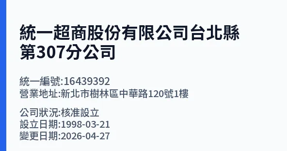 統一超商股份有限公司台北縣第307分公司的照片-統編 16439392(新北市) 公司登記資料與營業項目詳細圖表