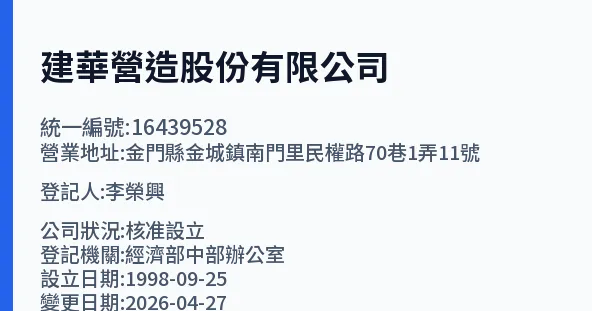 建華營造股份有限公司的照片-統編 16439528(金門縣) 公司登記資料與營業項目詳細圖表