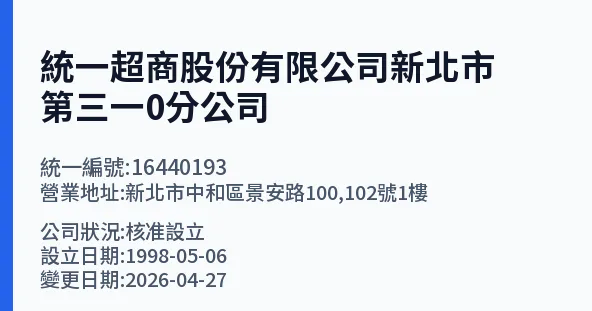 統一超商股份有限公司新北市第三一0分公司的照片-統編 16440193(新北市) 公司登記資料與營業項目詳細圖表