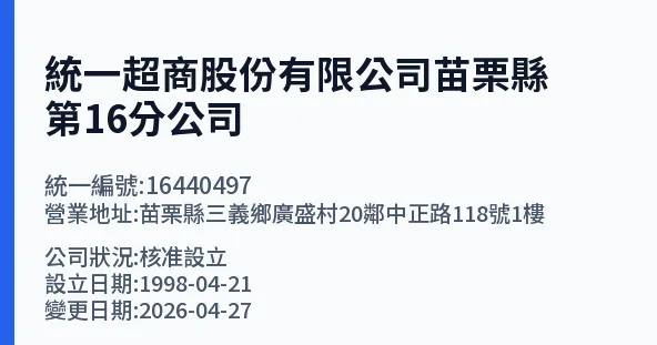統一超商股份有限公司苗栗縣第16分公司的照片-統編 16440497(苗栗縣) 公司登記資料與營業項目詳細圖表