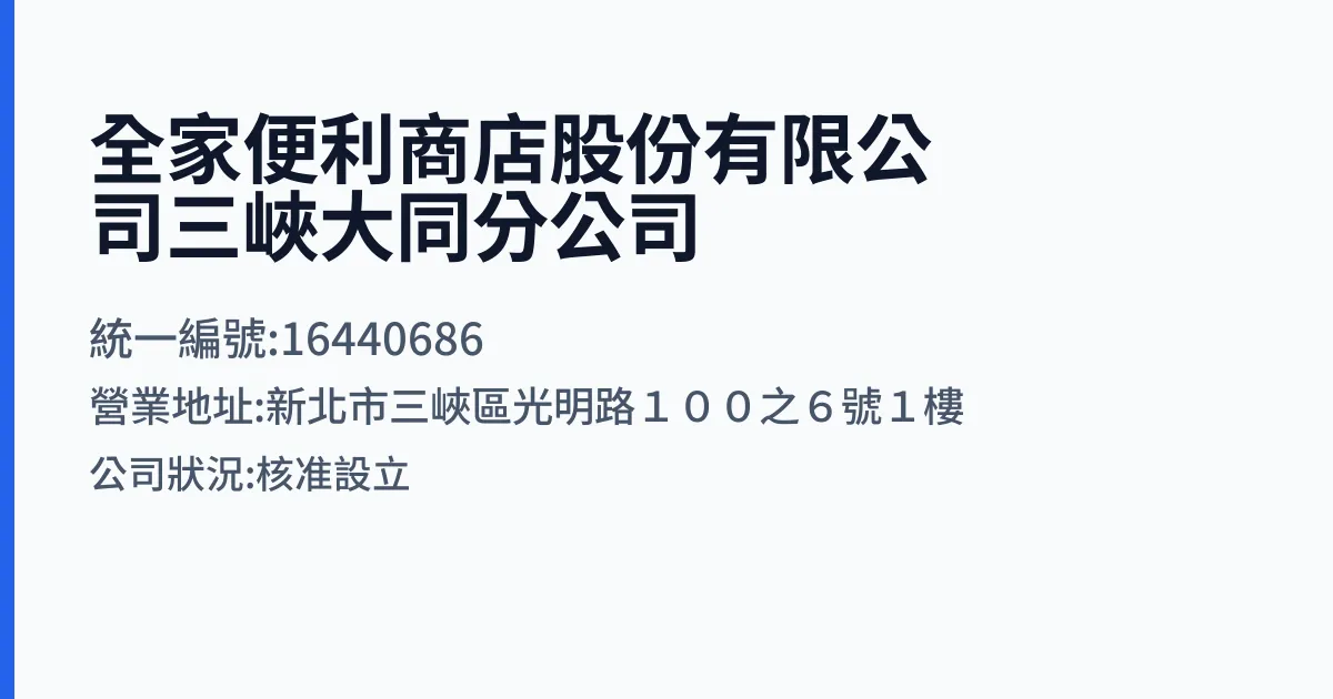 全家便利商店股份有限公司三峽大同分公司 - 統編 16440686(新北市) 公司登記資料與營業項目詳細圖表