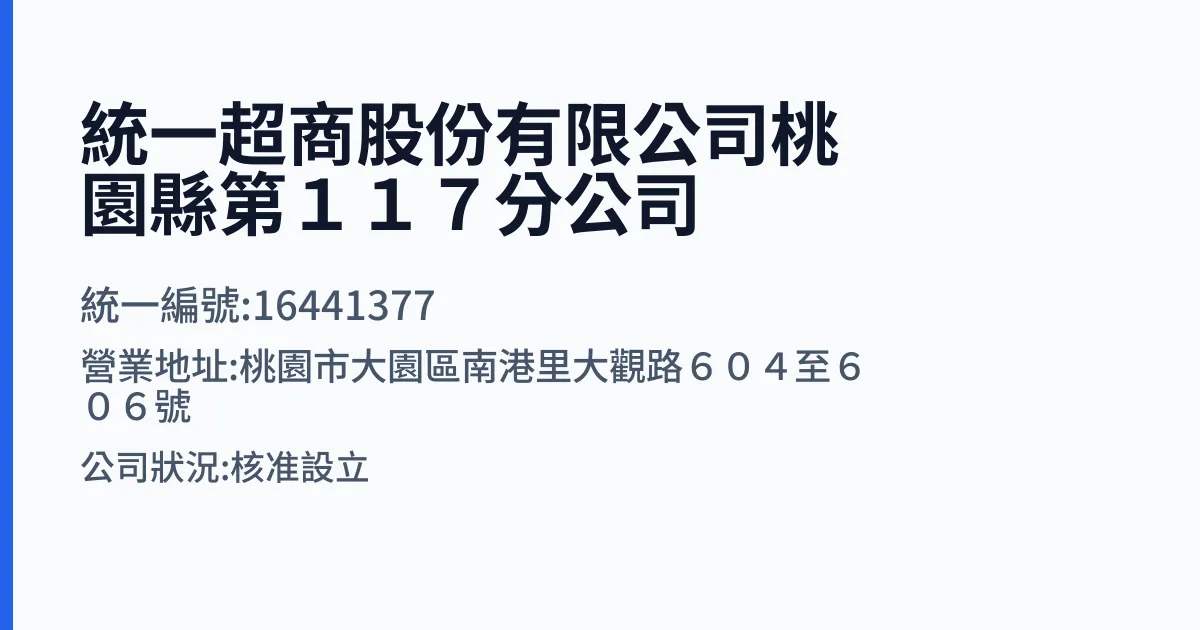 統一超商股份有限公司桃園縣第117分公司 - 統編 16441377(桃園市) 公司登記資料與營業項目詳細圖表