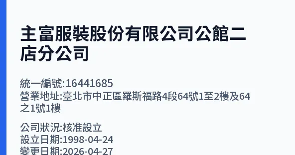 主富服裝股份有限公司公館二店分公司的照片-統編 16441685(臺北市) 公司登記資料與營業項目詳細圖表