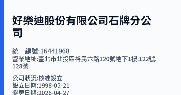好樂迪股份有限公司石牌分公司的照片-統編 16441968(臺北市) 公司登記資料與營業項目詳細圖表