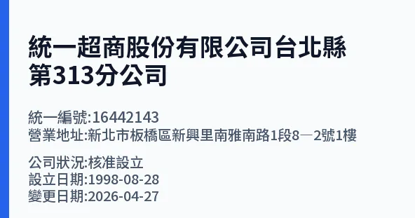 統一超商股份有限公司台北縣第313分公司的照片-統編 16442143(新北市) 公司登記資料與營業項目詳細圖表