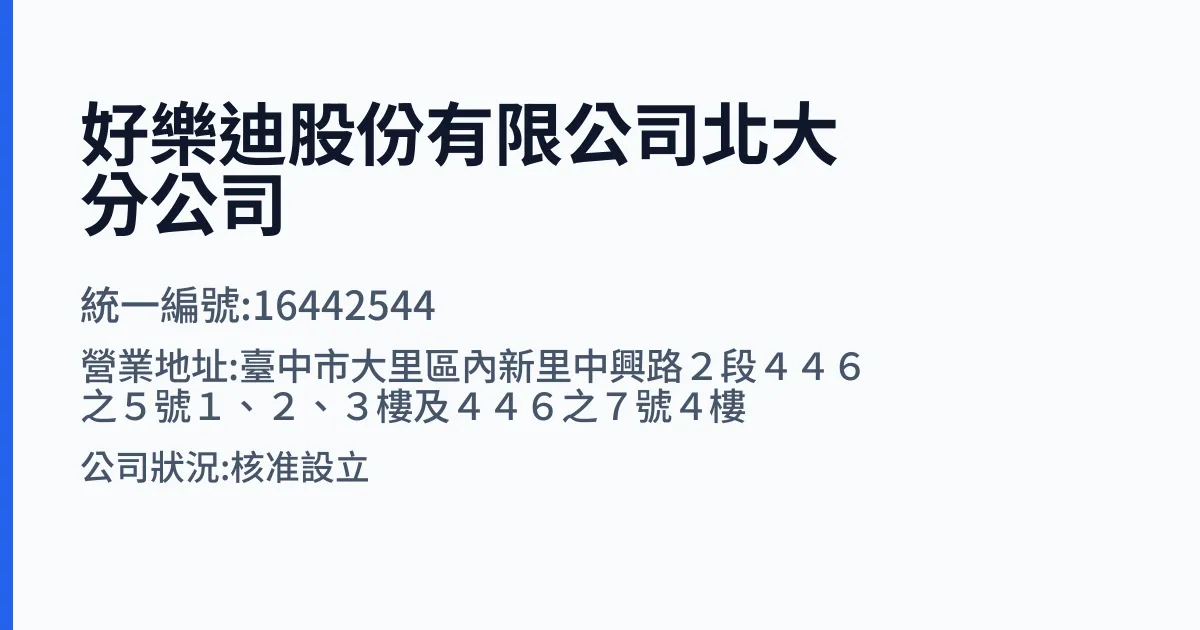 好樂迪股份有限公司北大分公司 - 統編 16442544(臺中市) 公司登記資料與營業項目詳細圖表