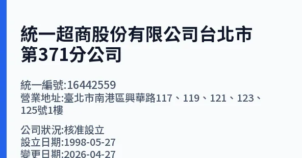 統一超商股份有限公司台北市第371分公司的照片-統編 16442559(臺北市) 公司登記資料與營業項目詳細圖表