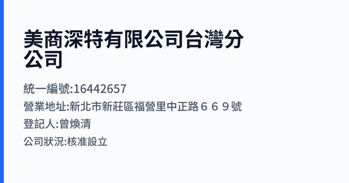 美商深特有限公司台灣分公司 - 統編 16442657(新北市) 公司登記資料與營業項目詳細圖表