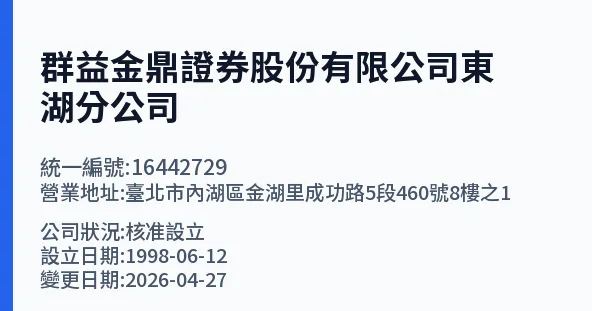 群益金鼎證券股份有限公司東湖分公司的照片-統編 16442729(臺北市) 公司登記資料與營業項目詳細圖表