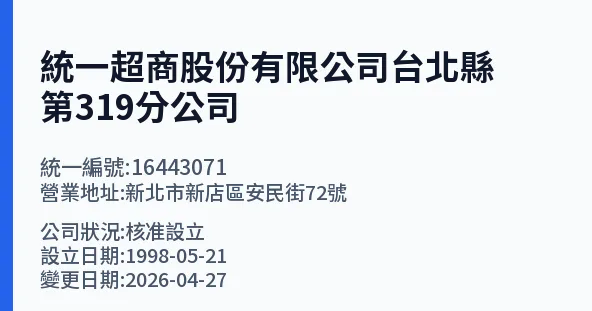 統一超商股份有限公司台北縣第319分公司的照片-統編 16443071(新北市) 公司登記資料與營業項目詳細圖表