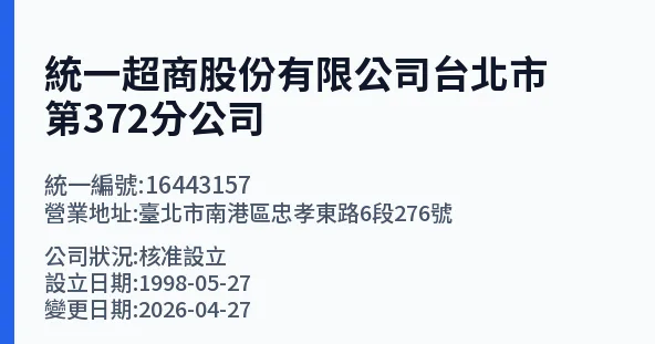 統一超商股份有限公司台北市第372分公司的照片-統編 16443157(臺北市) 公司登記資料與營業項目詳細圖表