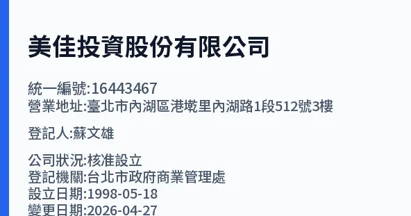 美佳投資股份有限公司的照片-統編 16443467(臺北市) 公司登記資料與營業項目詳細圖表