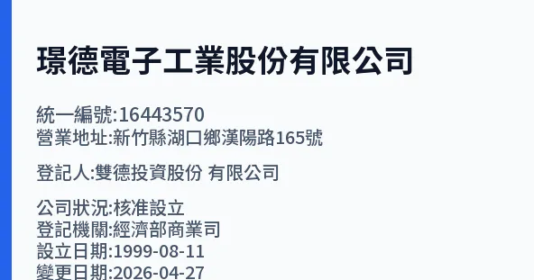 璟德電子工業股份有限公司的照片-統編 16443570(新竹縣) 公司登記資料與營業項目詳細圖表