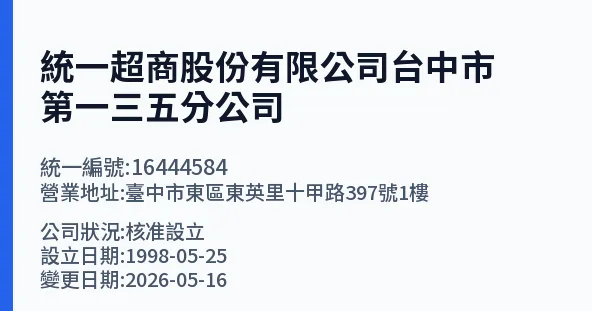 統一超商股份有限公司台中市第一三五分公司的照片-統編 16444584(臺中市) 公司登記資料與營業項目詳細圖表