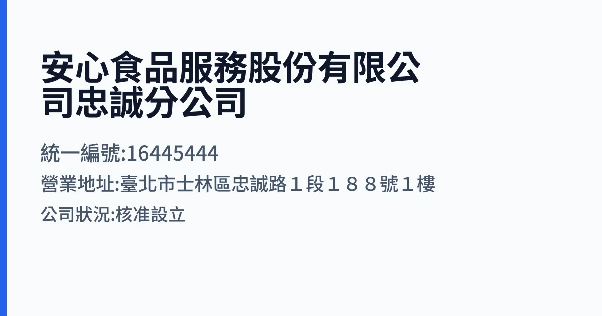 安心食品服務股份有限公司忠誠分公司 - 統編 16445444(臺北市) 公司登記資料與營業項目詳細圖表
