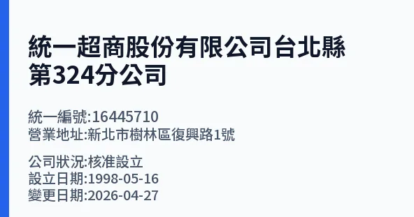統一超商股份有限公司台北縣第324分公司的照片-統編 16445710(新北市) 公司登記資料與營業項目詳細圖表