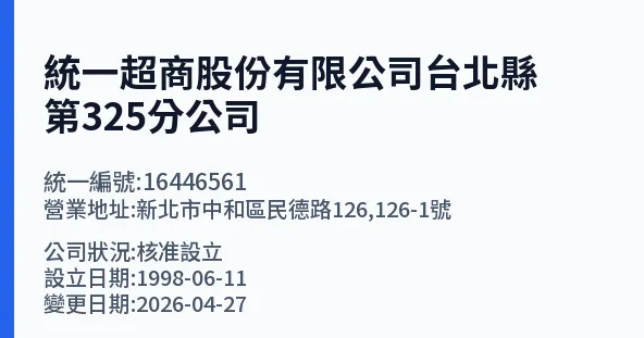 統一超商股份有限公司台北縣第325分公司的照片-統編 16446561(新北市) 公司登記資料與營業項目詳細圖表