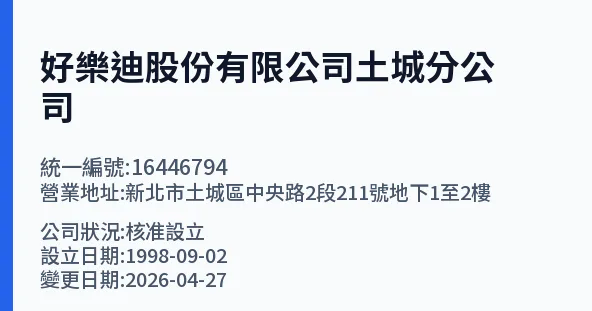 好樂迪股份有限公司土城分公司的照片-統編 16446794(新北市) 公司登記資料與營業項目詳細圖表