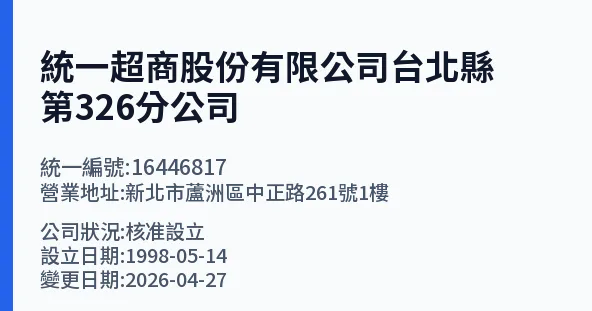 統一超商股份有限公司台北縣第326分公司的照片-統編 16446817(新北市) 公司登記資料與營業項目詳細圖表