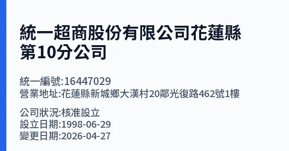 統一超商股份有限公司花蓮縣第10分公司的照片-統編 16447029(花蓮縣) 公司登記資料與營業項目詳細圖表