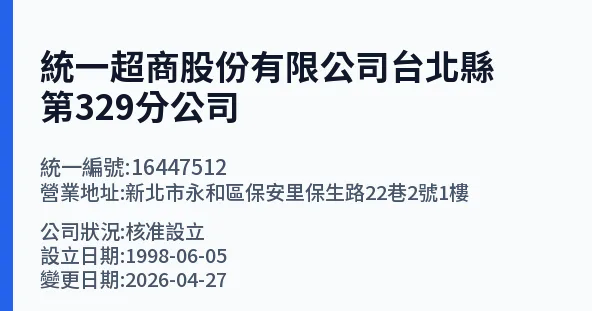 統一超商股份有限公司台北縣第329分公司的照片-統編 16447512(新北市) 公司登記資料與營業項目詳細圖表