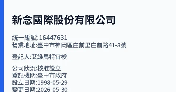 新念國際股份有限公司的照片-統編 16447631(臺中市) 公司登記資料與營業項目詳細圖表