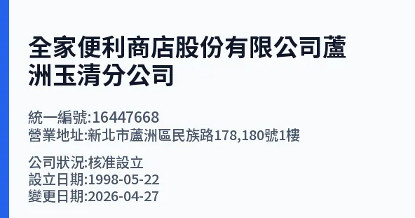 全家便利商店股份有限公司蘆洲玉清分公司的照片-統編 16447668(新北市) 公司登記資料與營業項目詳細圖表
