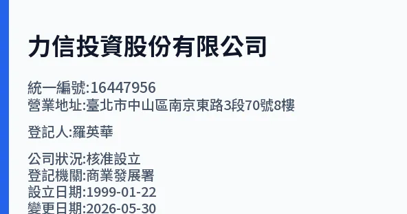 力信投資股份有限公司的照片-統編 16447956(臺北市) 公司登記資料與營業項目詳細圖表