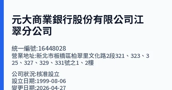 元大商業銀行股份有限公司江翠分公司的照片-統編 16448028(新北市) 公司登記資料與營業項目詳細圖表