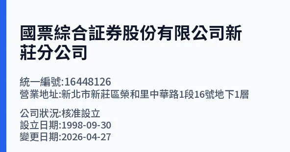 國票綜合証券股份有限公司新莊分公司的照片-統編 16448126(新北市) 公司登記資料與營業項目詳細圖表