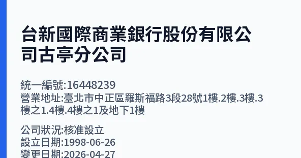 台新國際商業銀行股份有限公司古亭分公司的照片-統編 16448239(臺北市) 公司登記資料與營業項目詳細圖表