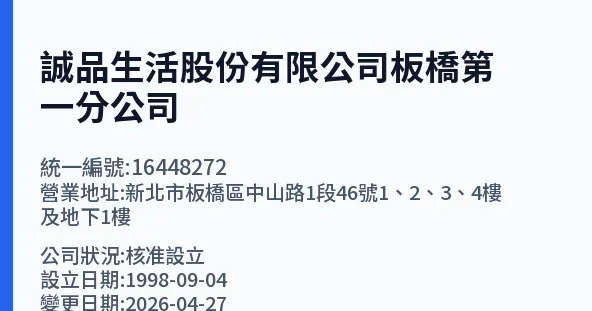 誠品生活股份有限公司板橋第一分公司的照片-統編 16448272(新北市) 公司登記資料與營業項目詳細圖表