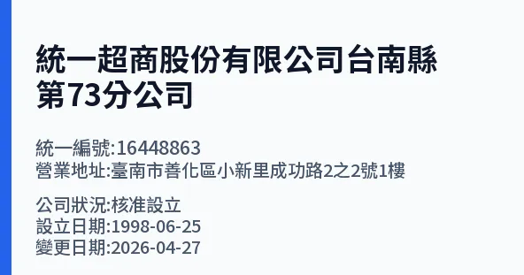 統一超商股份有限公司台南縣第73分公司的照片-統編 16448863(臺南市) 公司登記資料與營業項目詳細圖表
