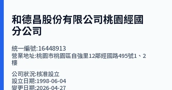 和德昌股份有限公司桃園經國分公司的照片-統編 16448913(桃園市) 公司登記資料與營業項目詳細圖表