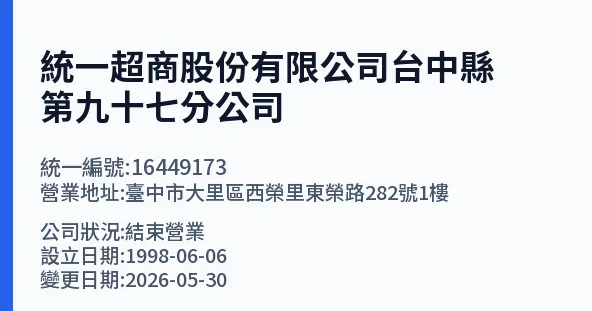 統一超商股份有限公司台中縣第九十七分公司的照片-統編 16449173(臺中市) 公司登記資料與營業項目詳細圖表