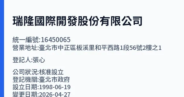 瑞隆國際開發股份有限公司的照片-統編 16450065(臺北市) 公司登記資料與營業項目詳細圖表