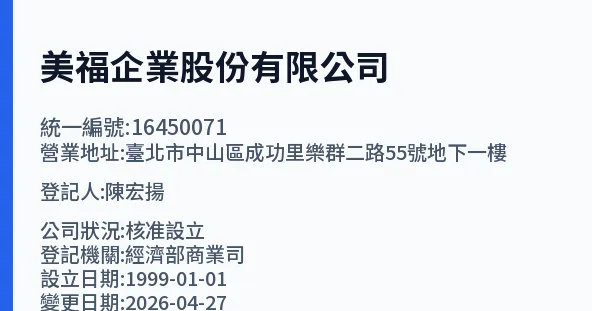 美福企業股份有限公司的照片-統編 16450071(臺北市) 公司登記資料與營業項目詳細圖表