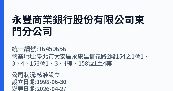永豐商業銀行股份有限公司東門分公司的照片-統編 16450656(臺北市) 公司登記資料與營業項目詳細圖表