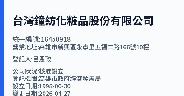 台灣鐘紡化粧品股份有限公司的照片-統編 16450918(高雄市) 公司登記資料與營業項目詳細圖表