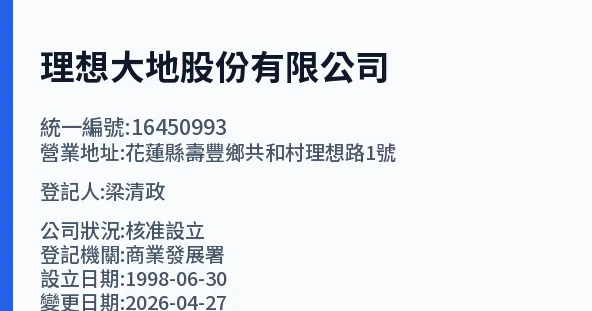理想大地股份有限公司的照片-統編 16450993(花蓮縣) 公司登記資料與營業項目詳細圖表