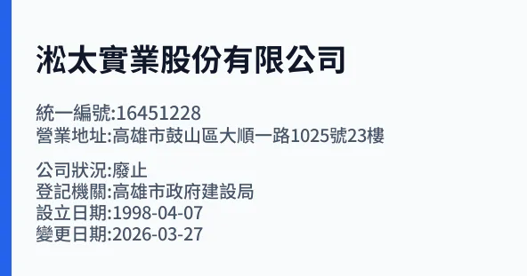 淞太實業股份有限公司的照片-統編 16451228(高雄市) 公司登記資料與營業項目詳細圖表