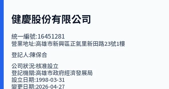 健慶股份有限公司的照片-統編 16451281(高雄市) 公司登記資料與營業項目詳細圖表