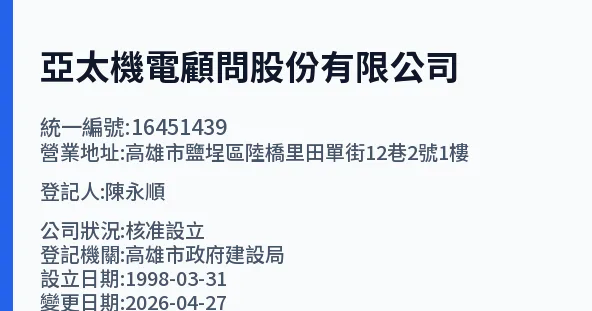 亞太機電顧問股份有限公司的照片-統編 16451439(高雄市) 公司登記資料與營業項目詳細圖表